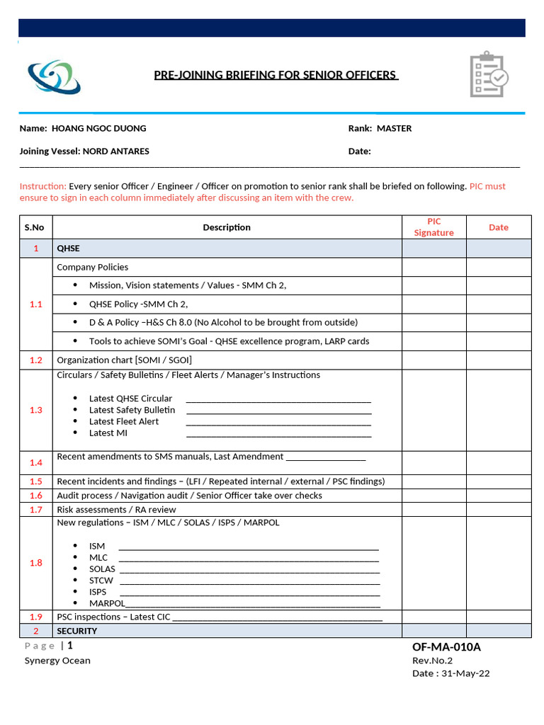 Of-MA-010A Prejoining Briefing Senior Officer - New Format (CAPT) | PDF | Navigation | Shipping