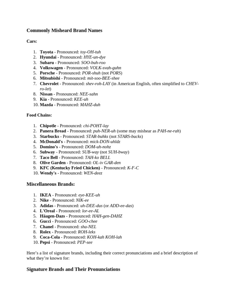 Commonly Misheard Brand Names | PDF | Middle Eastern Cuisine | Cuisine