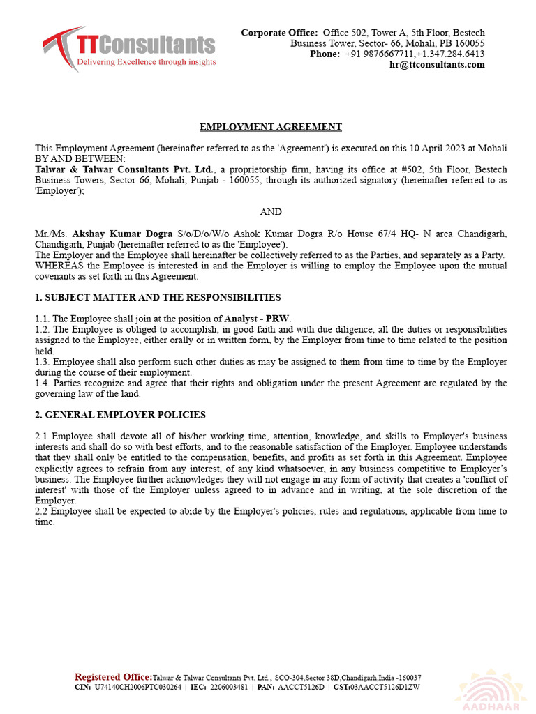 Akshay Kumar Dogra Agreement | PDF | Employment | Patent