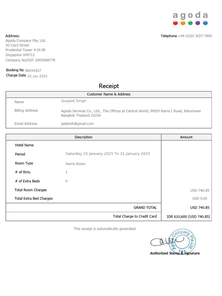 Agoda - Booking - ID - 906474848 - RECEIPT - Enclo Gurjant Singh | PDF