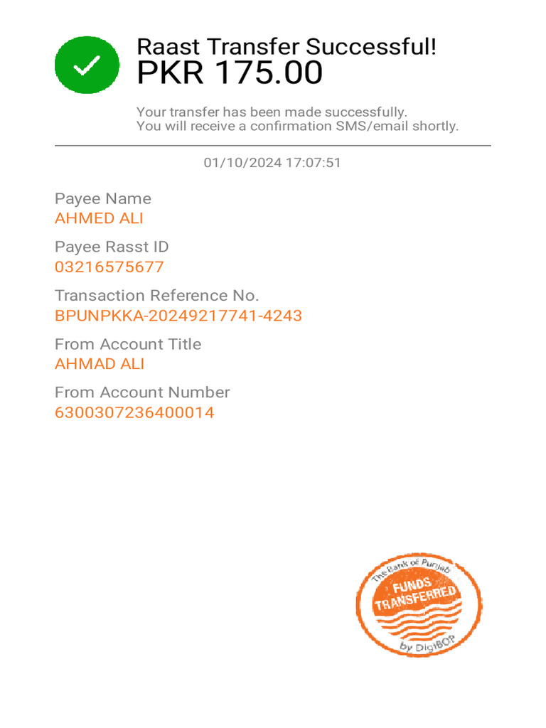 Successful Raast Transfer Confirmation | PDF