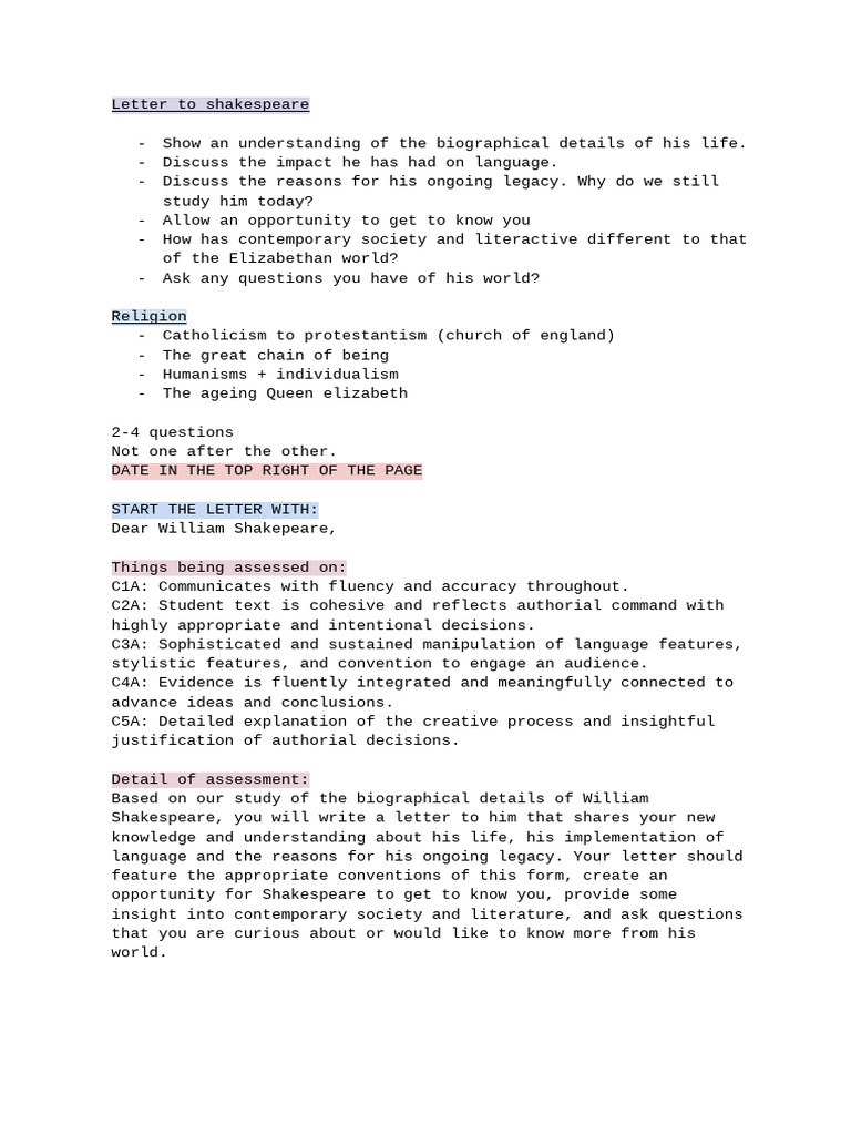 Letter To Shakepeare | PDF | William Shakespeare