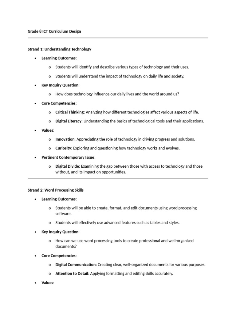 Grade 8 ICT Curriculum Overview | PDF | Data Analysis | Spreadsheet