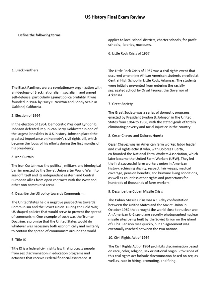 US History Final Exam Review Guide | PDF | Communism | Black Panther Party