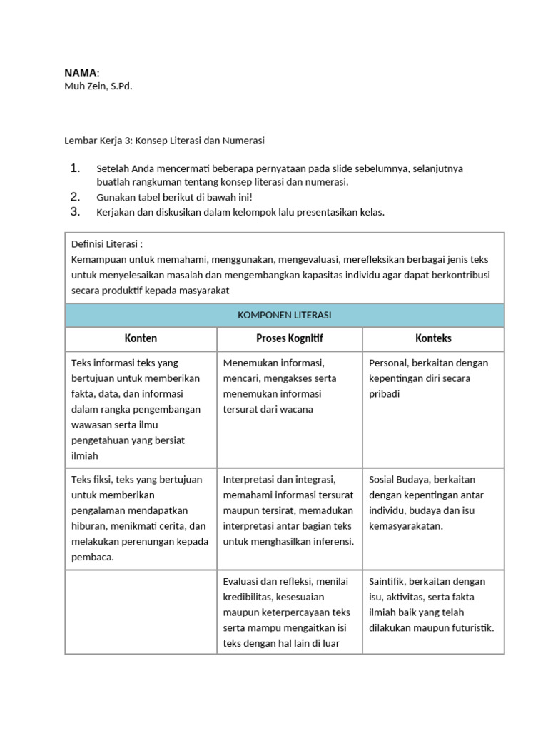MUH ZEIN SMPN 23 3A_ Konsep Literasi dan Numerasi | PDF