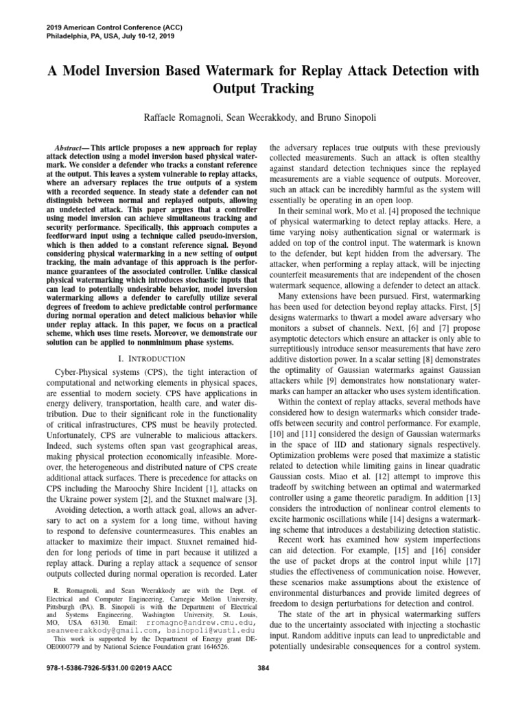 A Model Inversion Based Watermark For Replay Attack Detection With Output Tracking | PDF ...