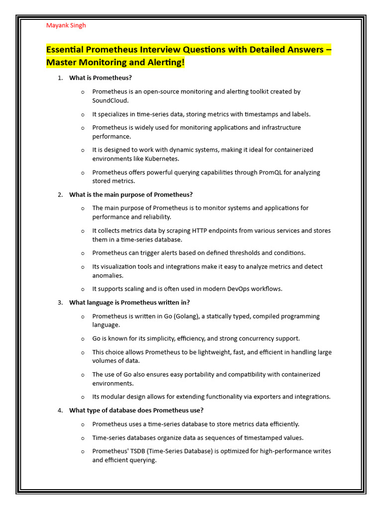 Essential Prometheus Interview Questions Detailed Answers | PDF | Databases | Information Technology