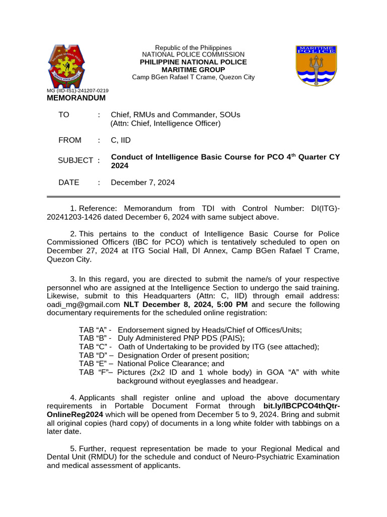 Conduct of Intelligence Basic Courses For 4th Quarter CY 2024 FOR PCO ...