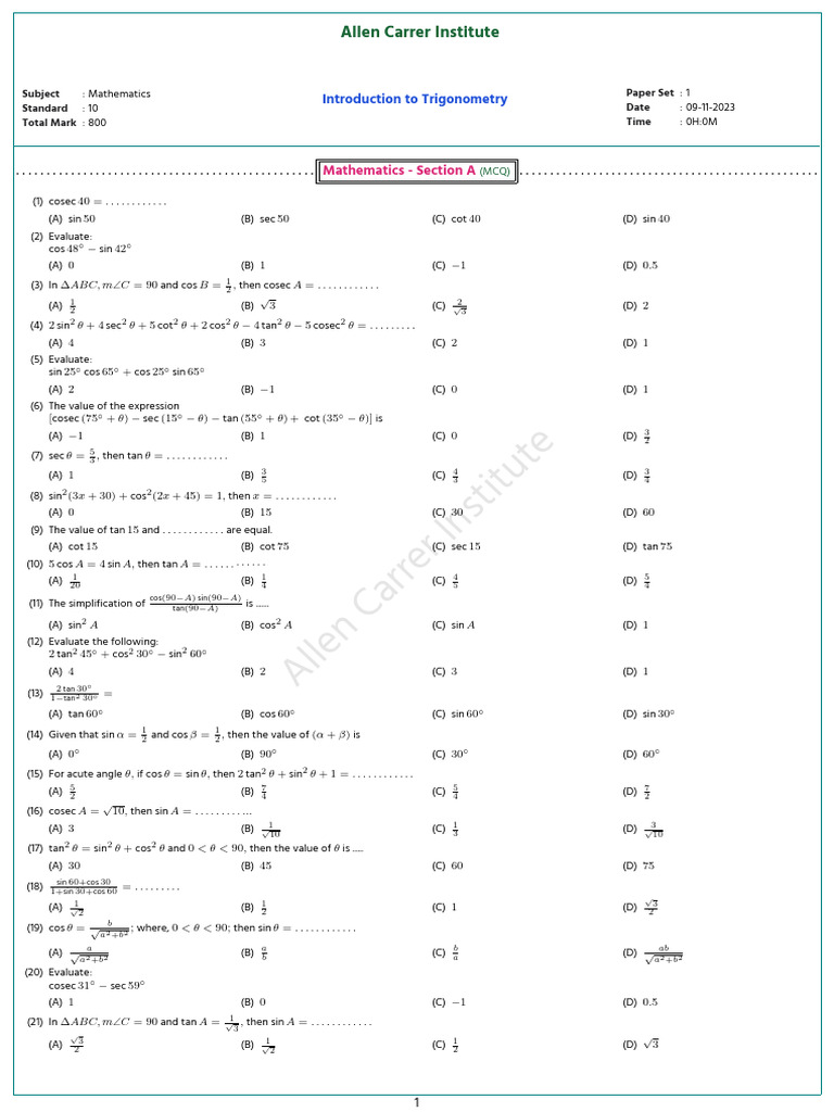 Class 10 Trigonometry MCQs | PDF | Mathematical Analysis | Rotation