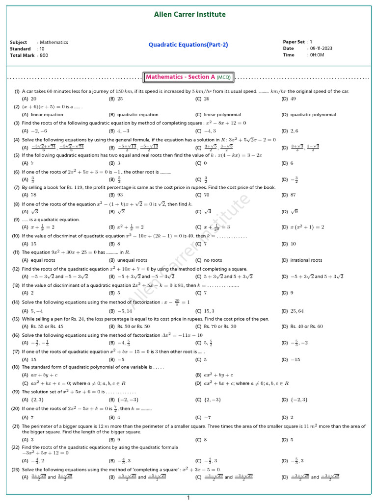 Quadratic Equations (Part-2) | PDF | Quadratic Equation | Square Root