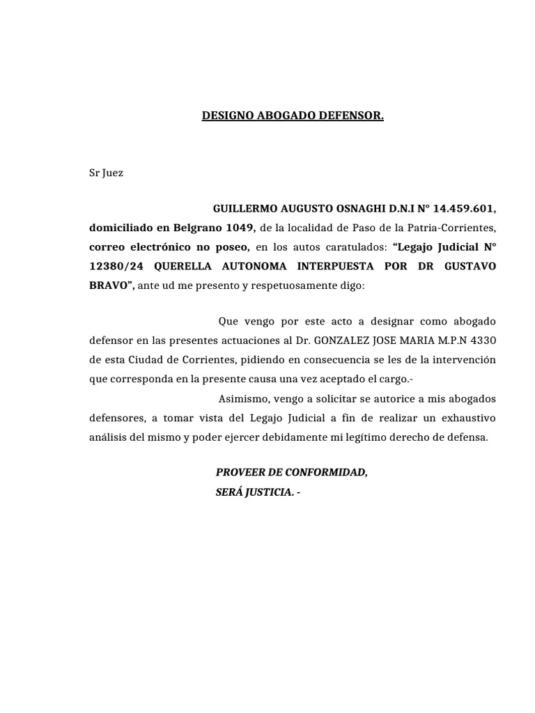 Designo Abogado Defensor - Unilateral | PDF