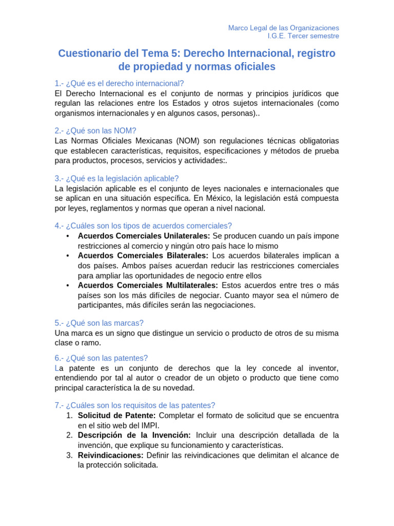 Cuestionario - Tema 5 - Marco Legal | PDF | aduana | Ley internacional