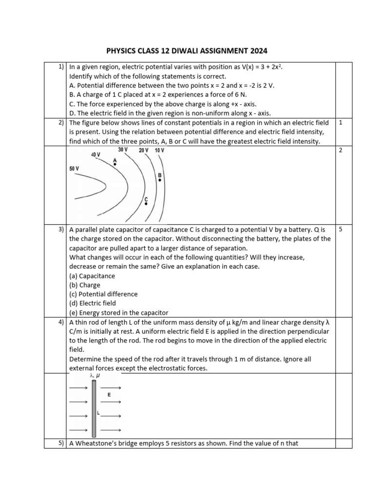 Class 12 Physics Diwali Assignment 2024 Pdf Diffraction Metrology