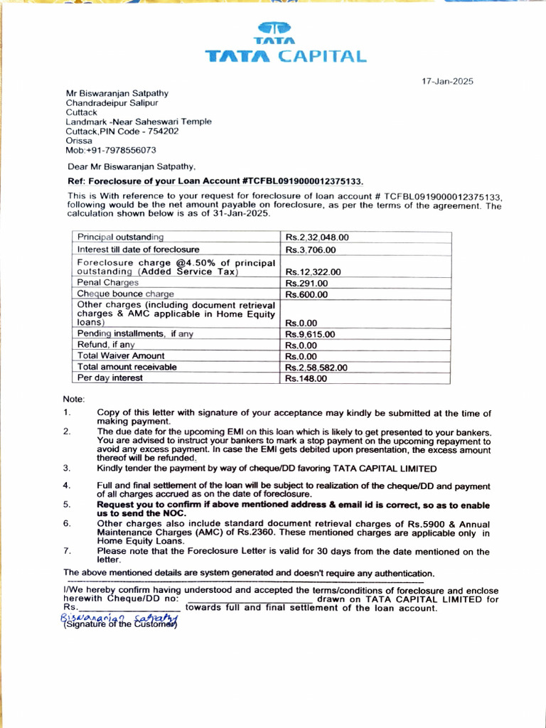 Tata Capital Loan Foreclosure Details | PDF | Cheque | Foreclosure