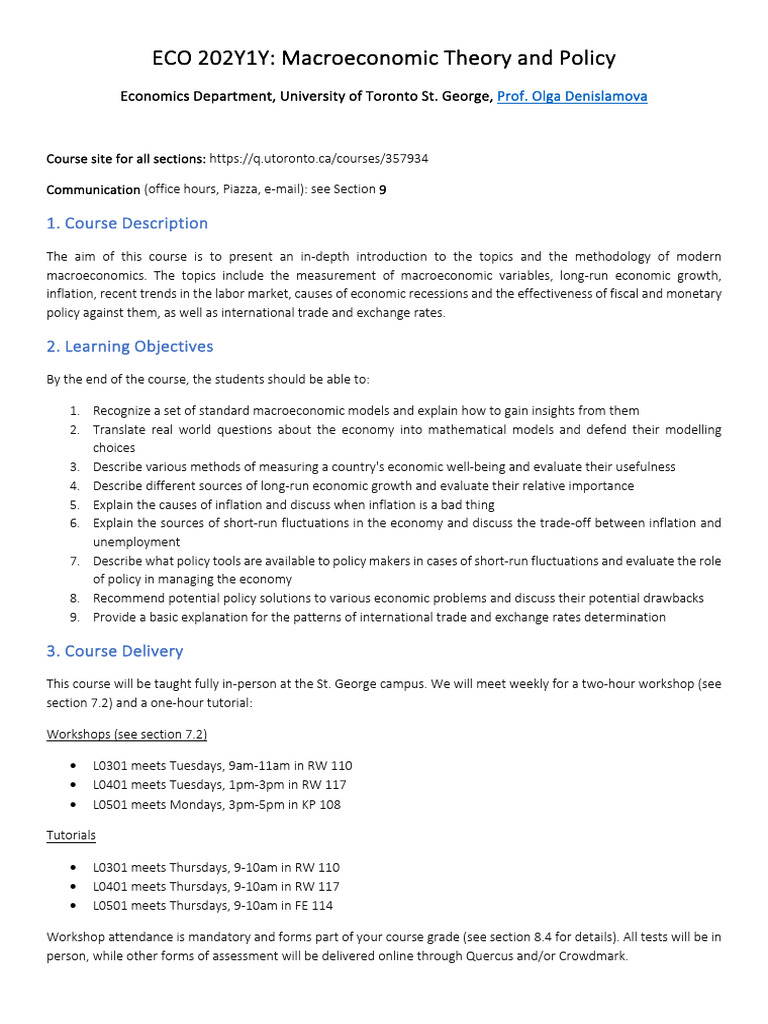 ECO 202Y1Y Syllabus 2024 2025 | PDF | Macroeconomics | Inflation