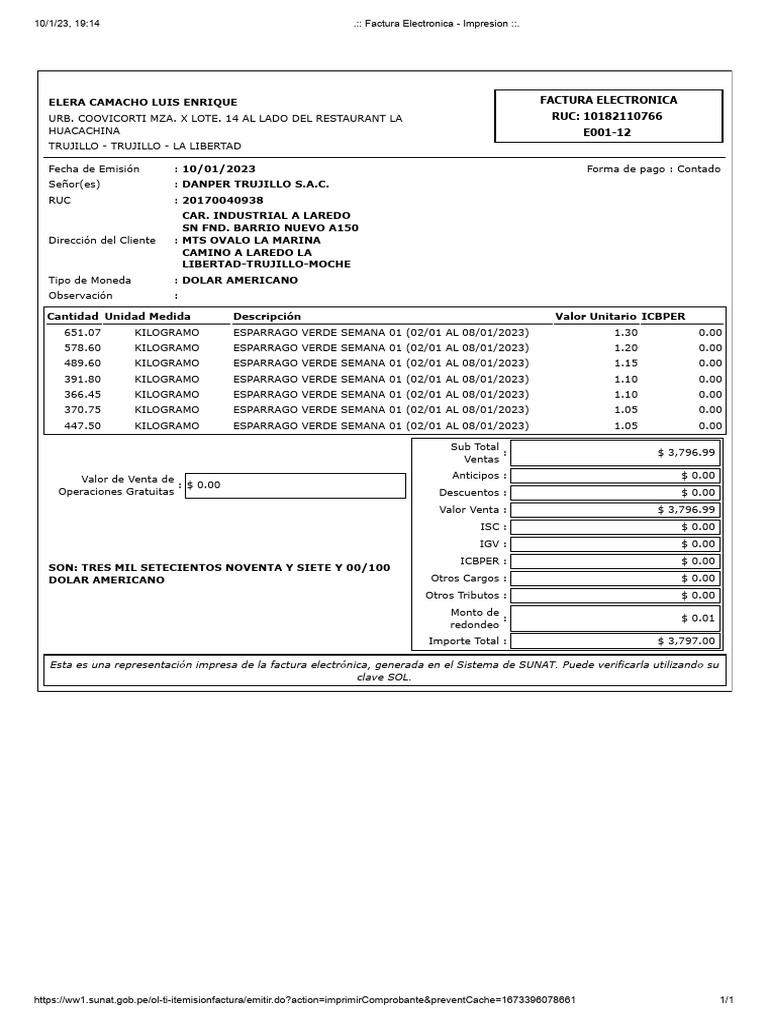 Fact E001-12 - DANPER TRUJILLO SAC | PDF | Moneda | Mercado de divisas