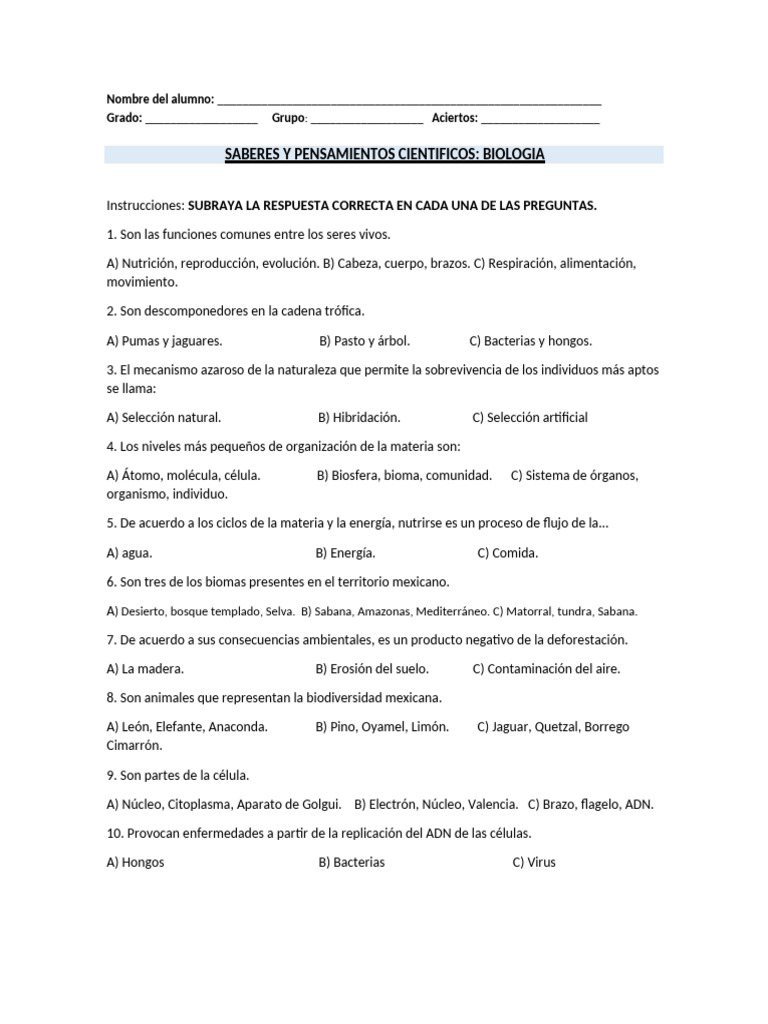 Examen Diagnóstico de Ciencias 1 | PDF