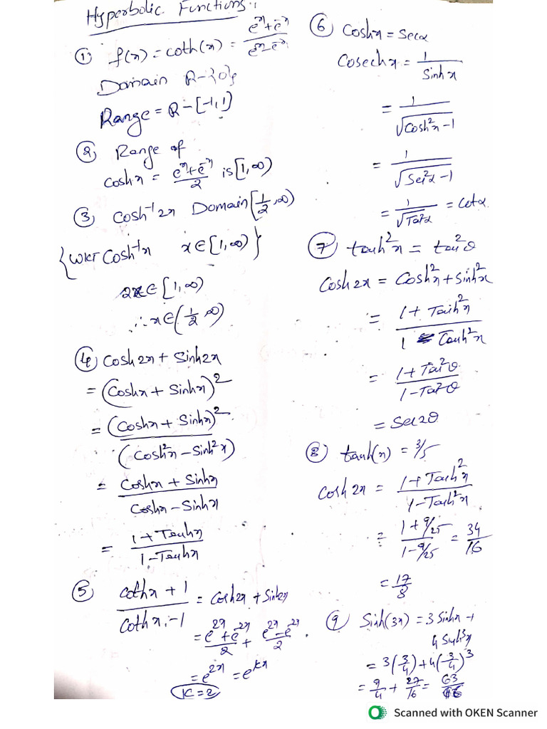 Hyperbolic Functions (Ex-1) | PDF