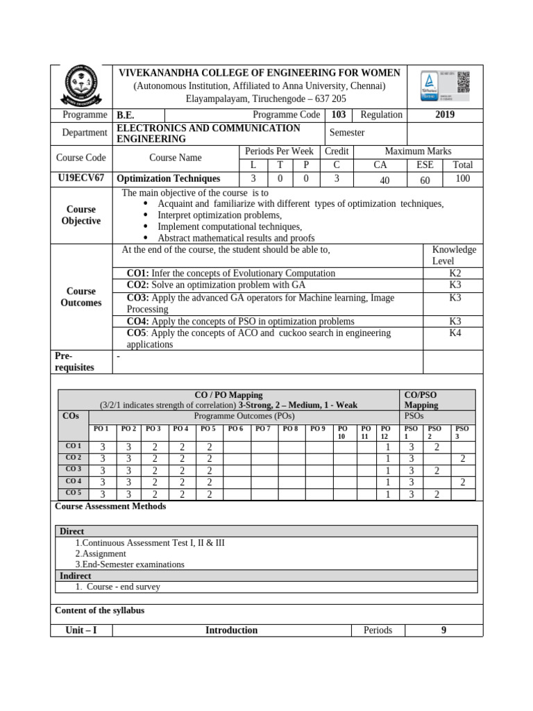 Syllabus Optimization Techniques | PDF | Mathematical Optimization | Algorithms