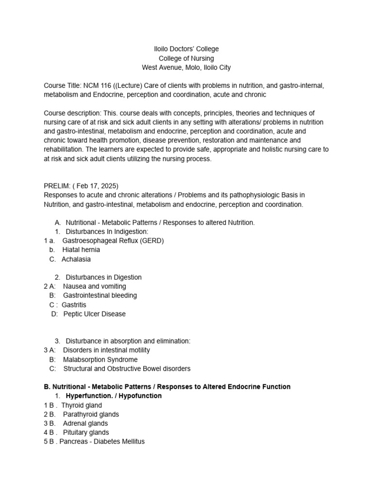 Course Outline NCM 116 Lec | PDF | Endocrine System | Diseases And ...