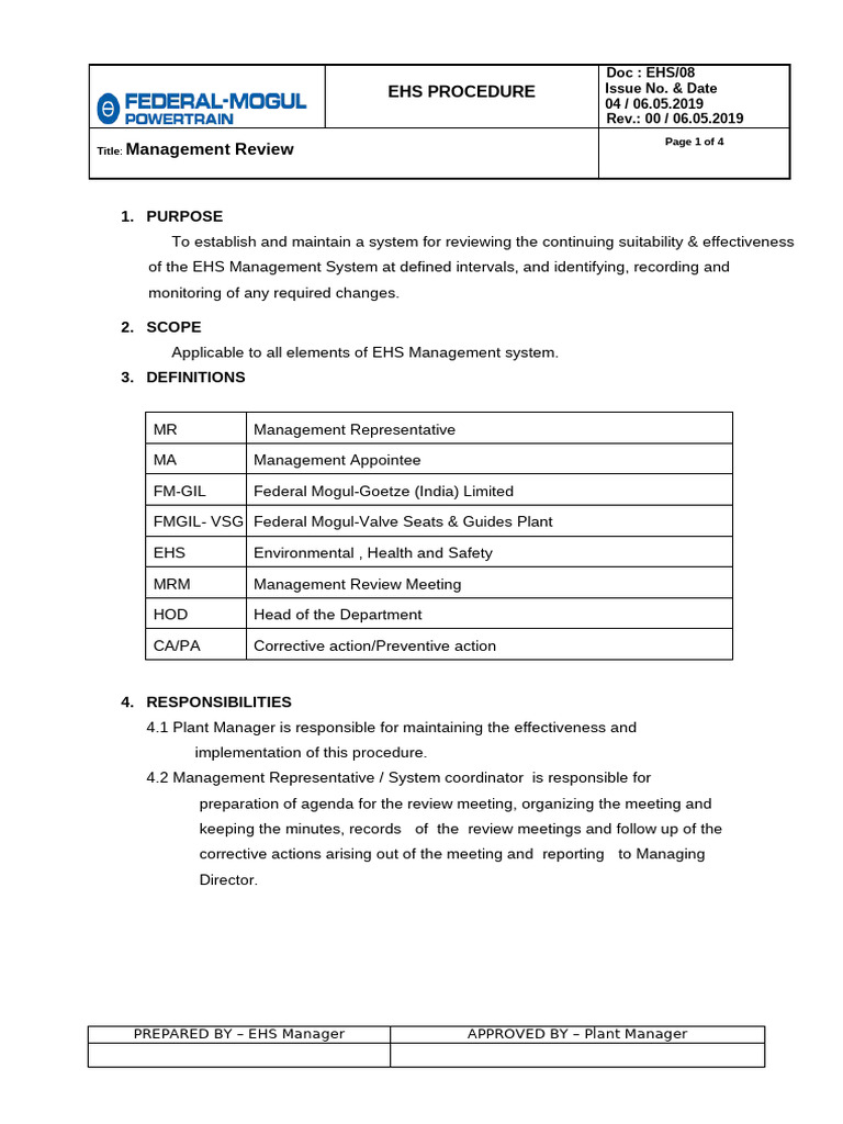 EHS - PROC - 08-Management Review | PDF | Regulatory Compliance | Risk