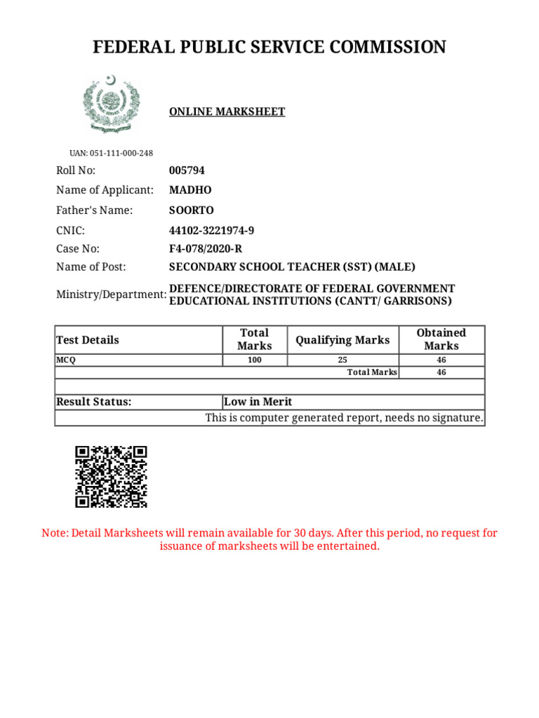 Online.fpsc.Gov.pk Fpsc Gr Reports Gr Marksheets Details.php | PDF