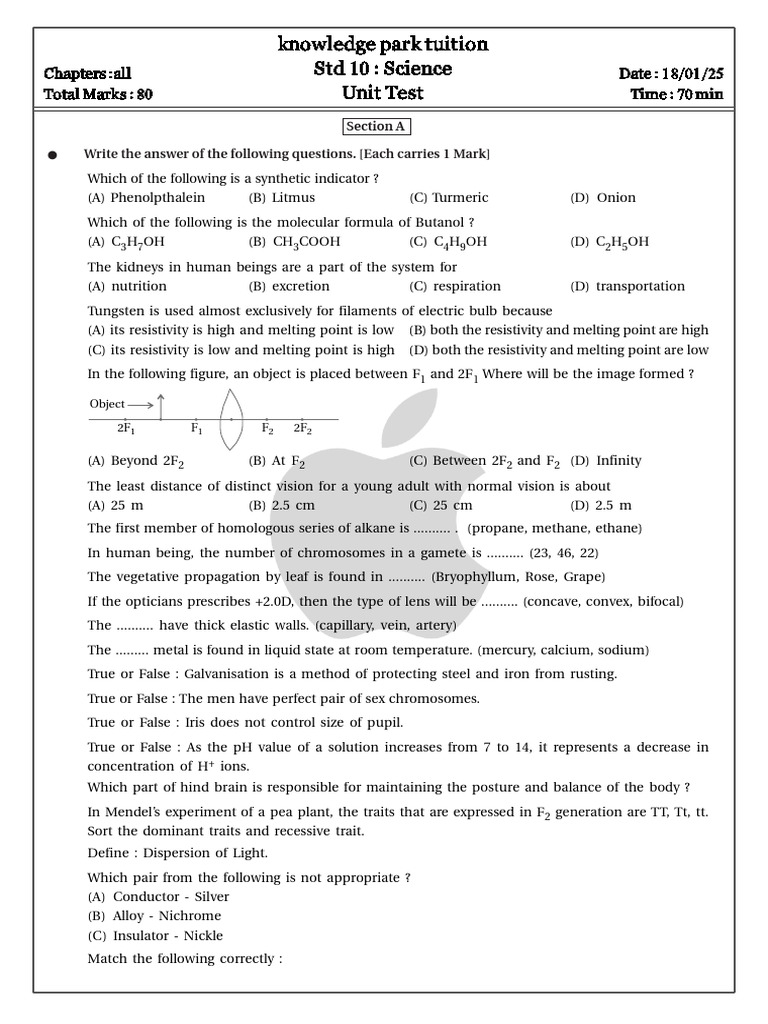 Std 10 Science Unit Test Questions | PDF | Urinary System