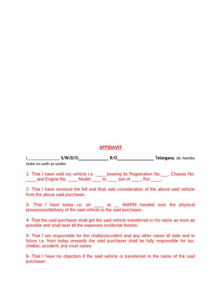 Rta Vehicle Sale Affidavit | PDF