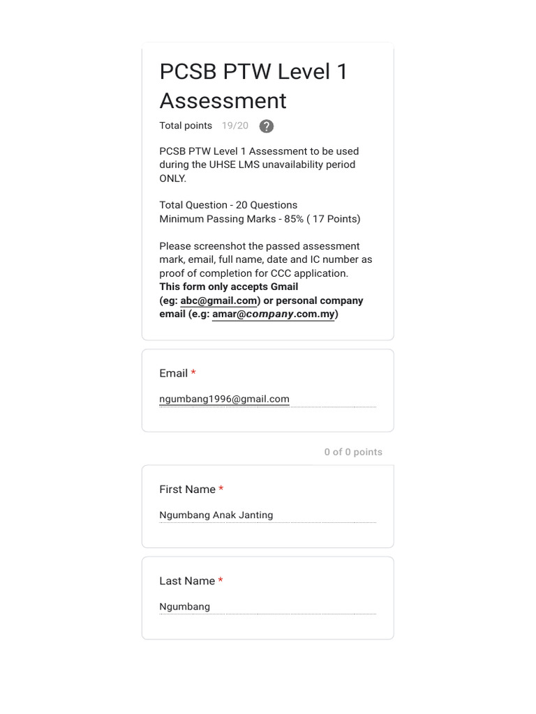 PCSB PTW Level 1 Assessment | PDF