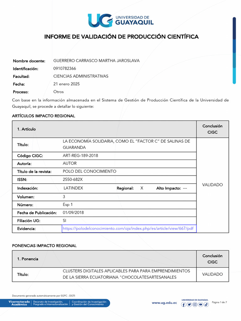 Informe de Validación de Producción Científica - GUERRERO CARRASCO MARTHA JAROSLAVA | PDF ...
