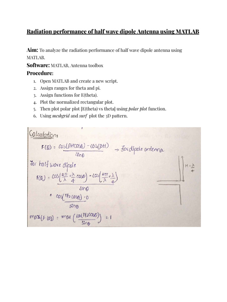 Radiation Performance of Half Wave Dipole Antenna Using MATLAB | PDF
