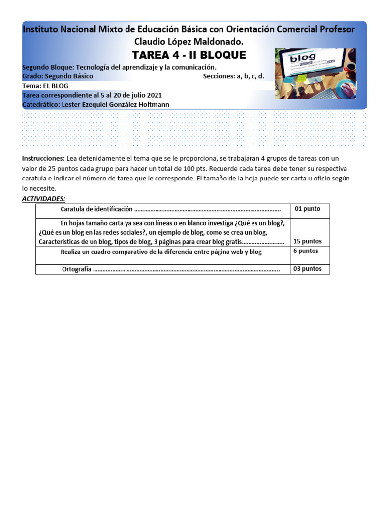 Tarea 4 Ii Bloque Inmeboc Computación Segundo Básico | PDF | Blog | web 2.0