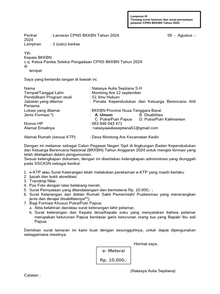 Lampiran III - Surat Lamaran & Surat Pernyataan | PDF