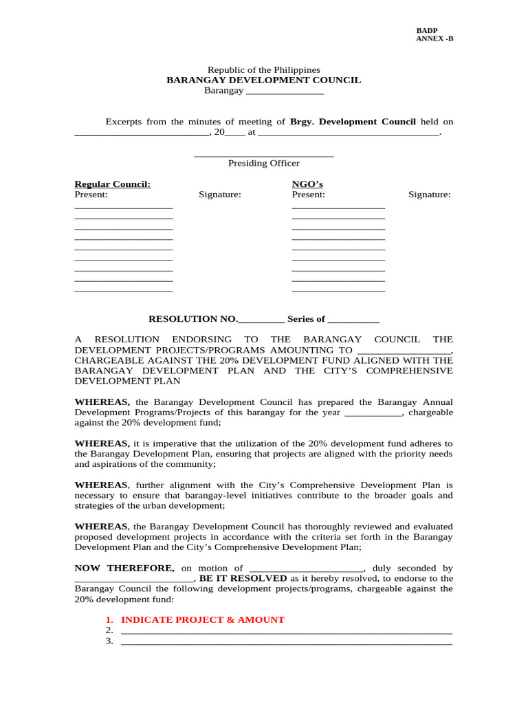 Brgy Devt Council Reso 2024 | PDF