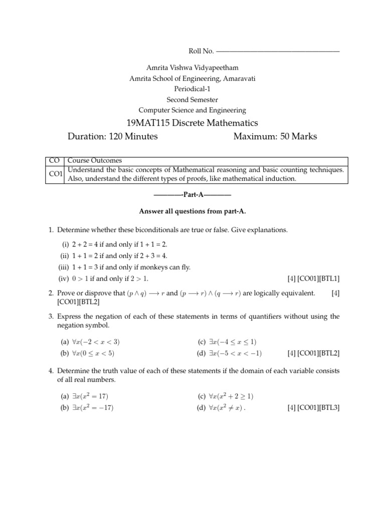 19MAT115 Discrete Math P1 | PDF