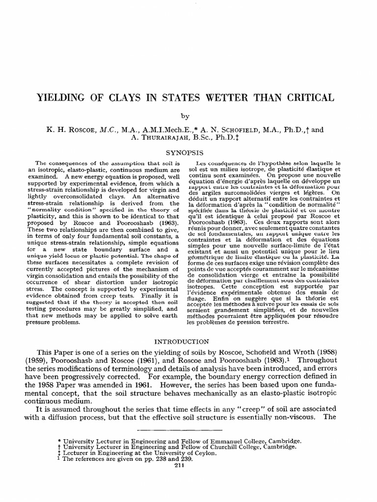 Roscoe Et Al 2015 Yielding of Clays in States Wetter Than Critical ...
