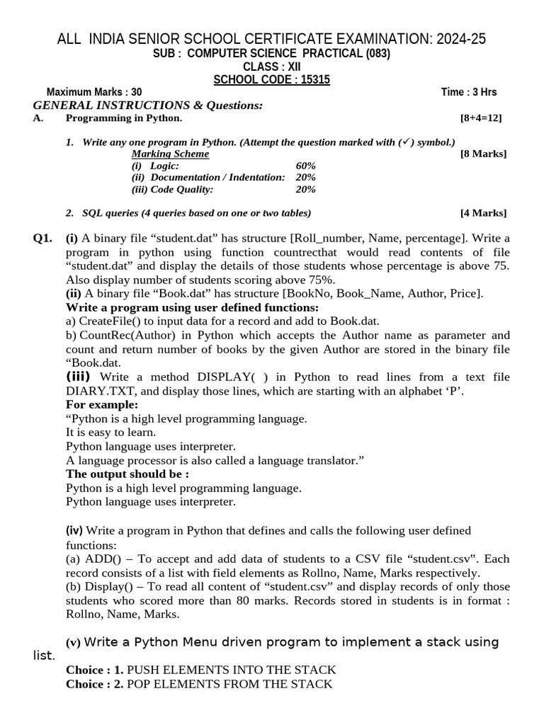 Class XII Computer Science Practical Exam 2024-25 | PDF | Computer Program | Programming