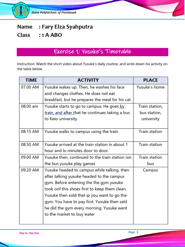 Exercise 1 - Yusuke's Timetable | PDF