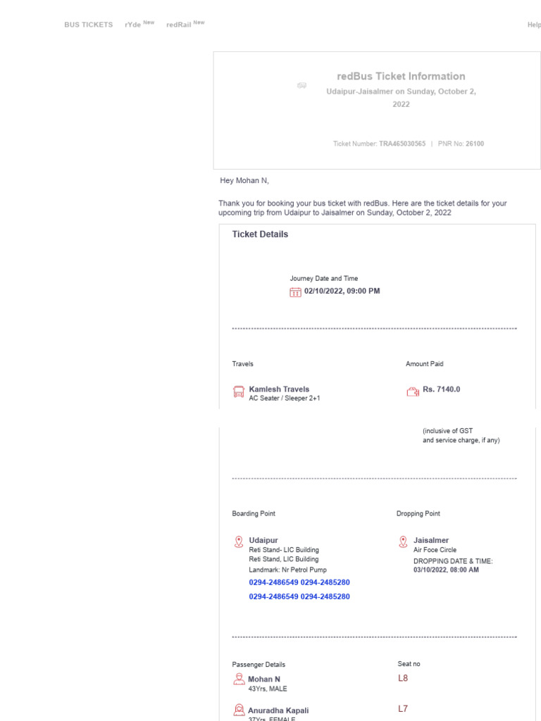 Udaipur to Jaisalmer Bus Ticket Details | PDF | Bus