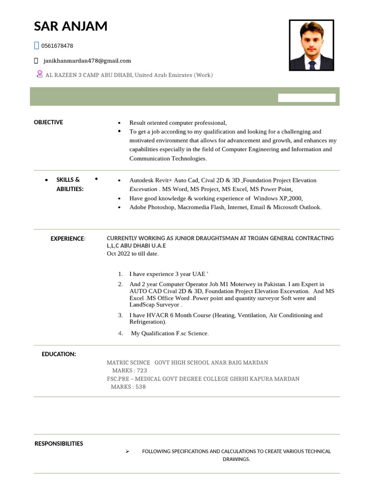 Sar Anjam CV For Draftsman | PDF | Computer Aided Design | Technical Drawing