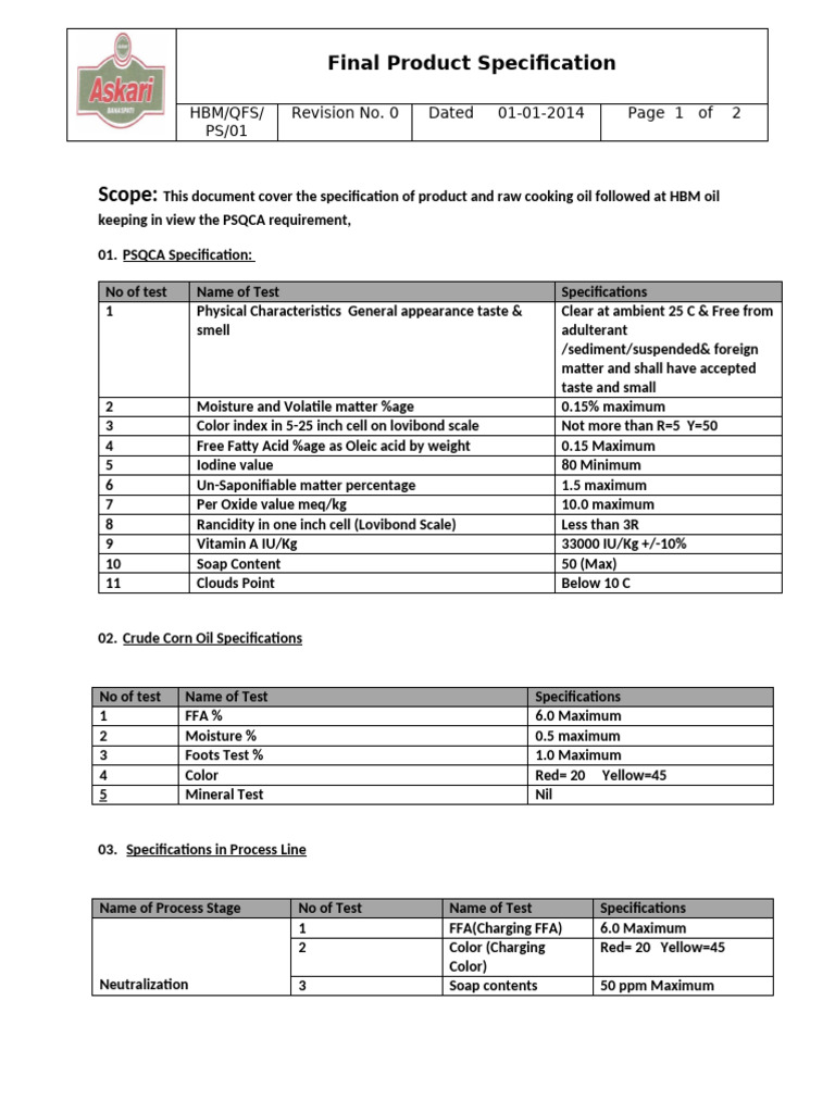 HBM Cooking Oil Specifications Guide | PDF | Oil | Natural Products