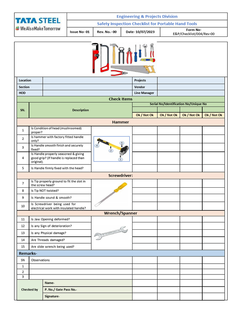 Portable Hand Tools Safety Checklist | PDF