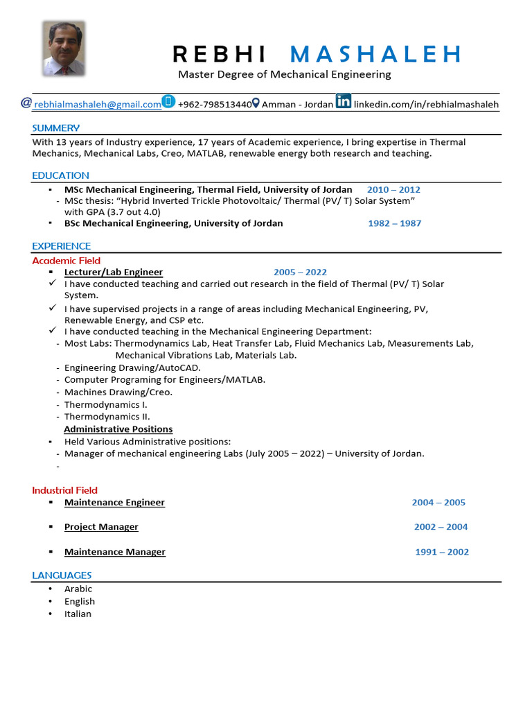Rebhi Mashaleh - Updated CV2023 | PDF | Heat | Mechanical Engineering