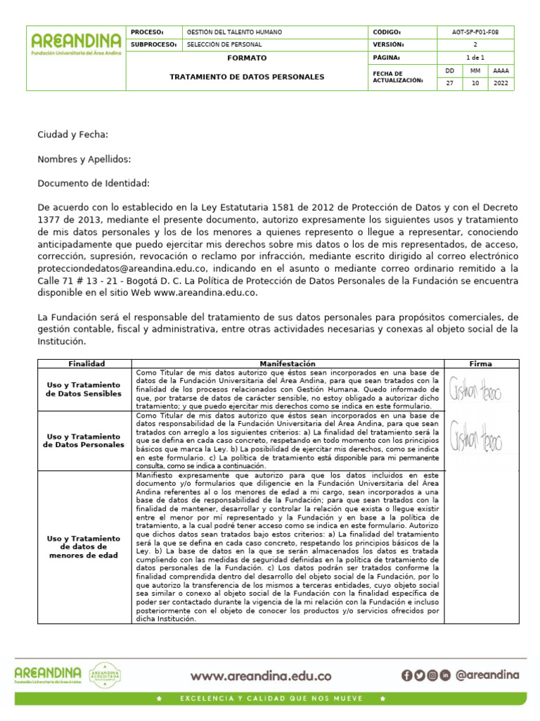 Agt-Sp-P01-F08 Tratamiento de Datos Personales | PDF | Bases de datos