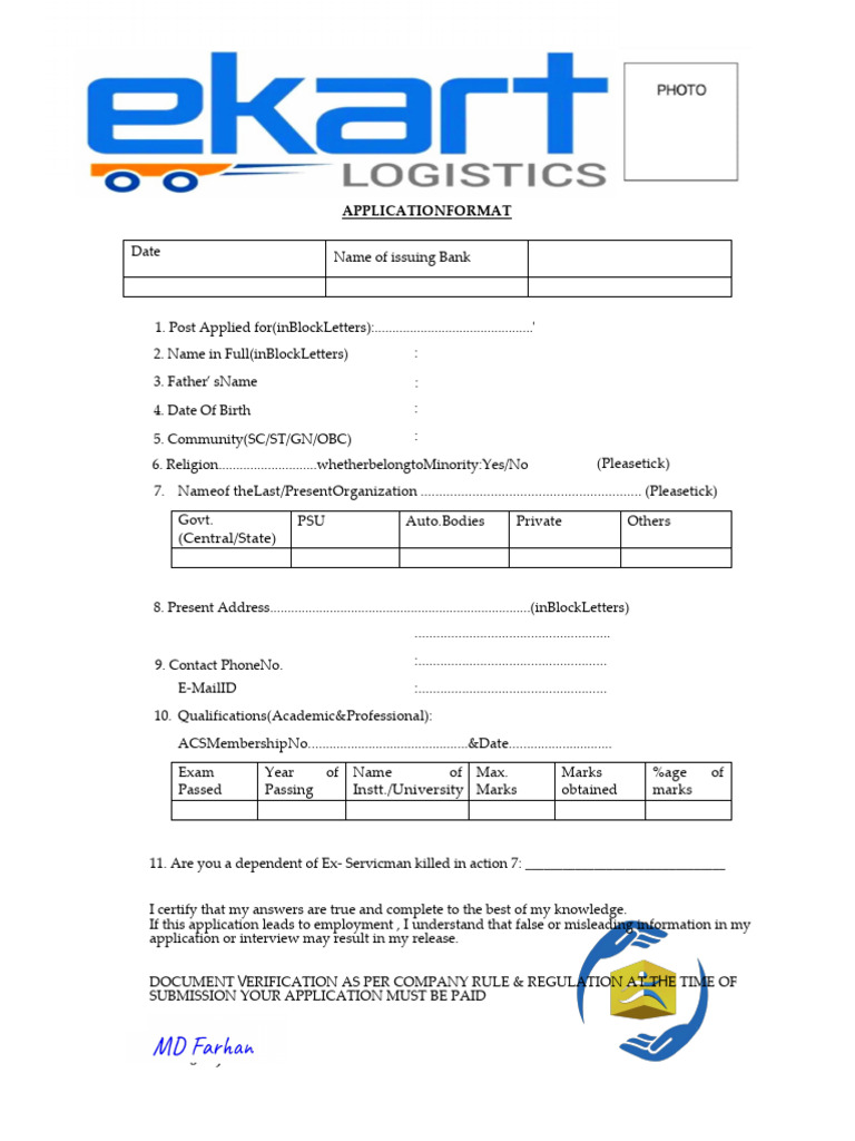 Ekart Logistics Form | PDF