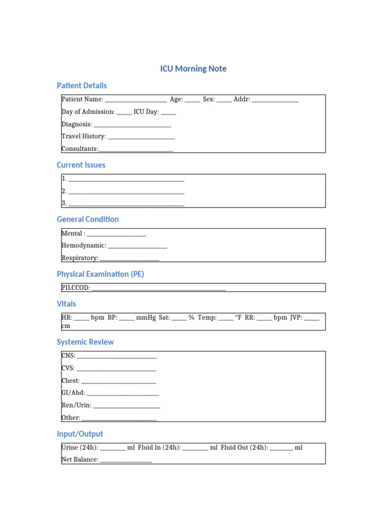 ICU Morning Note Template | PDF