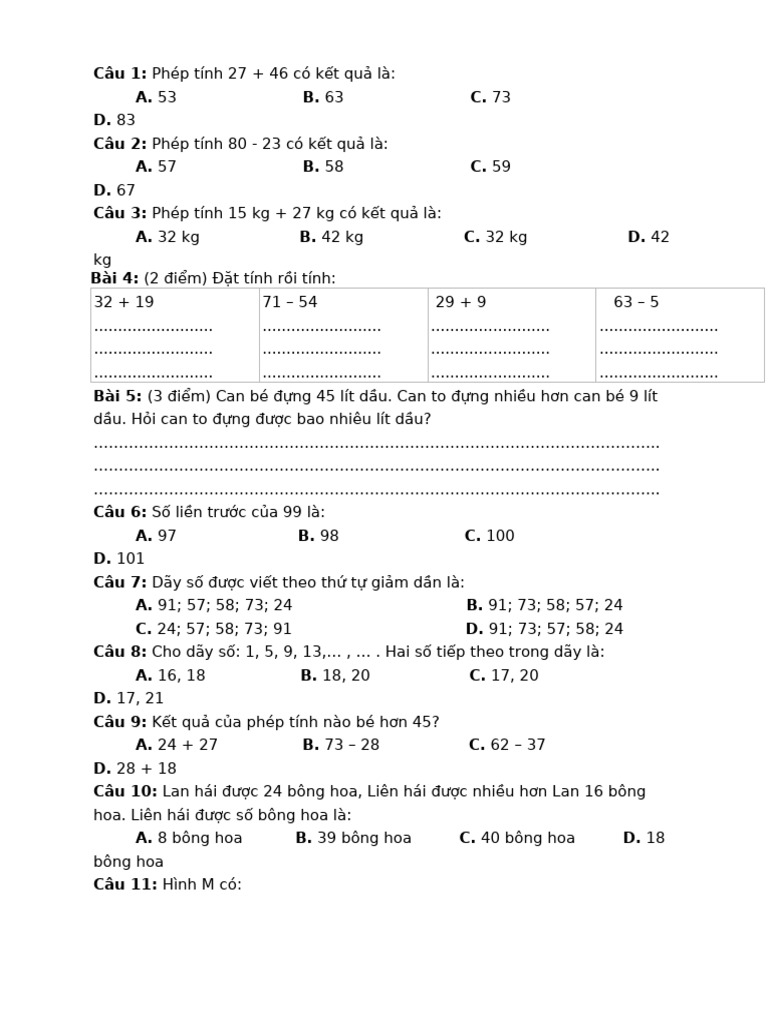 Lớp 2 - CK1 - Toán TV | PDF