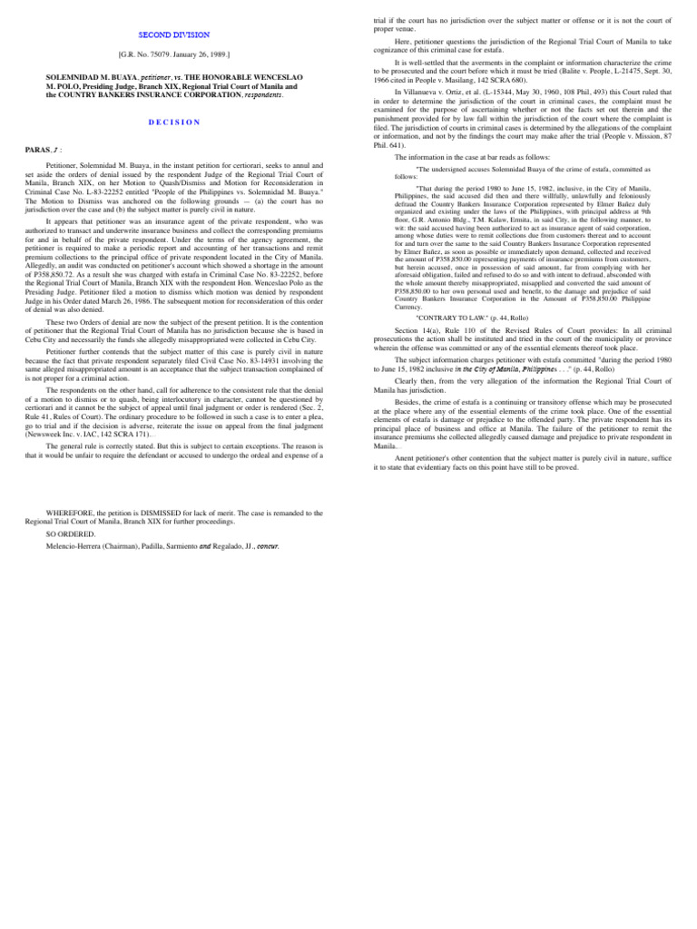 Buaya vs. Country Bankers: Estafa Case Decision | PDF | Complaint | Trials