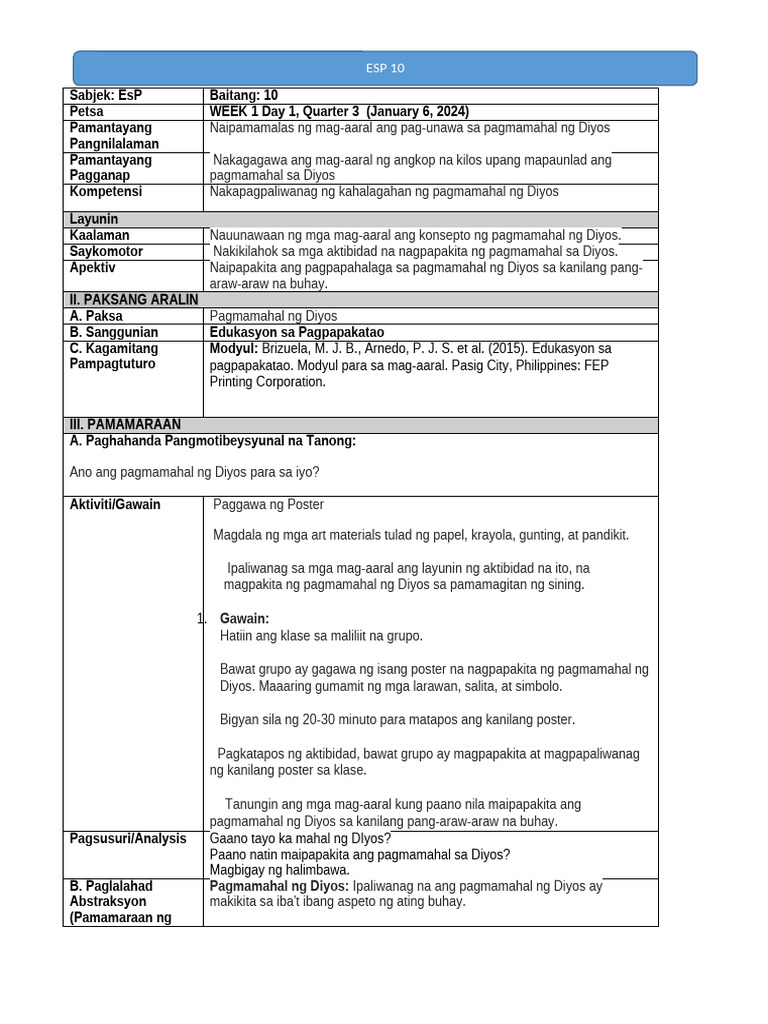 ESP 10 - Q3 - Lesson Plan - Week 1 Day 1 | PDF