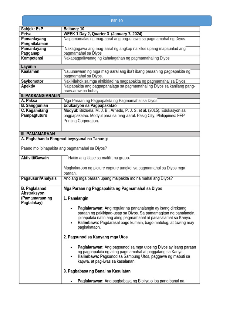 Esp 10 Q3 Lesson Plan Week 1 Day 2 Pdf